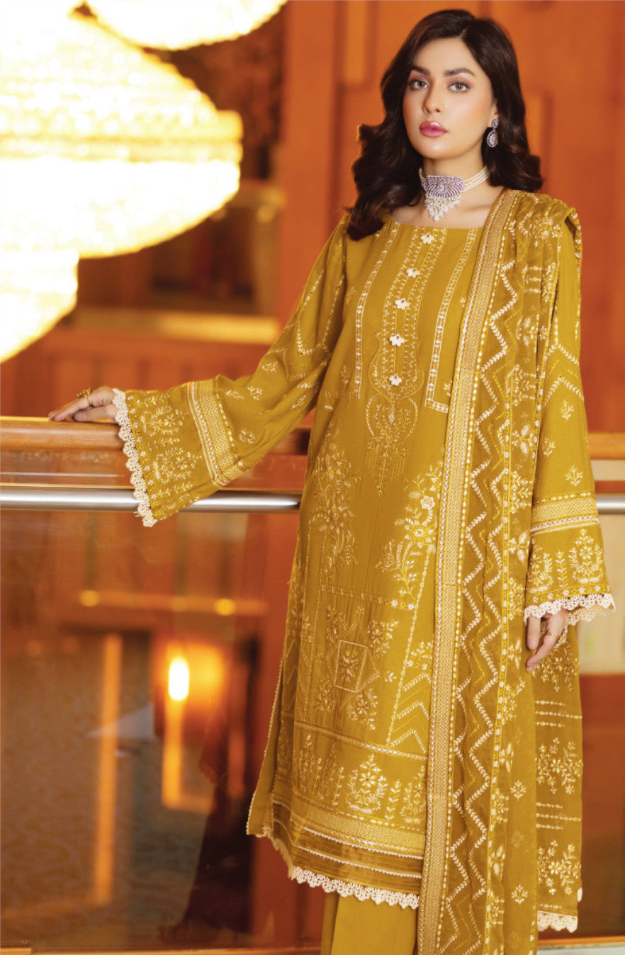 Unstitched Resham Luxury Karandi - 3PC Suit - Mustard – ANRAZ