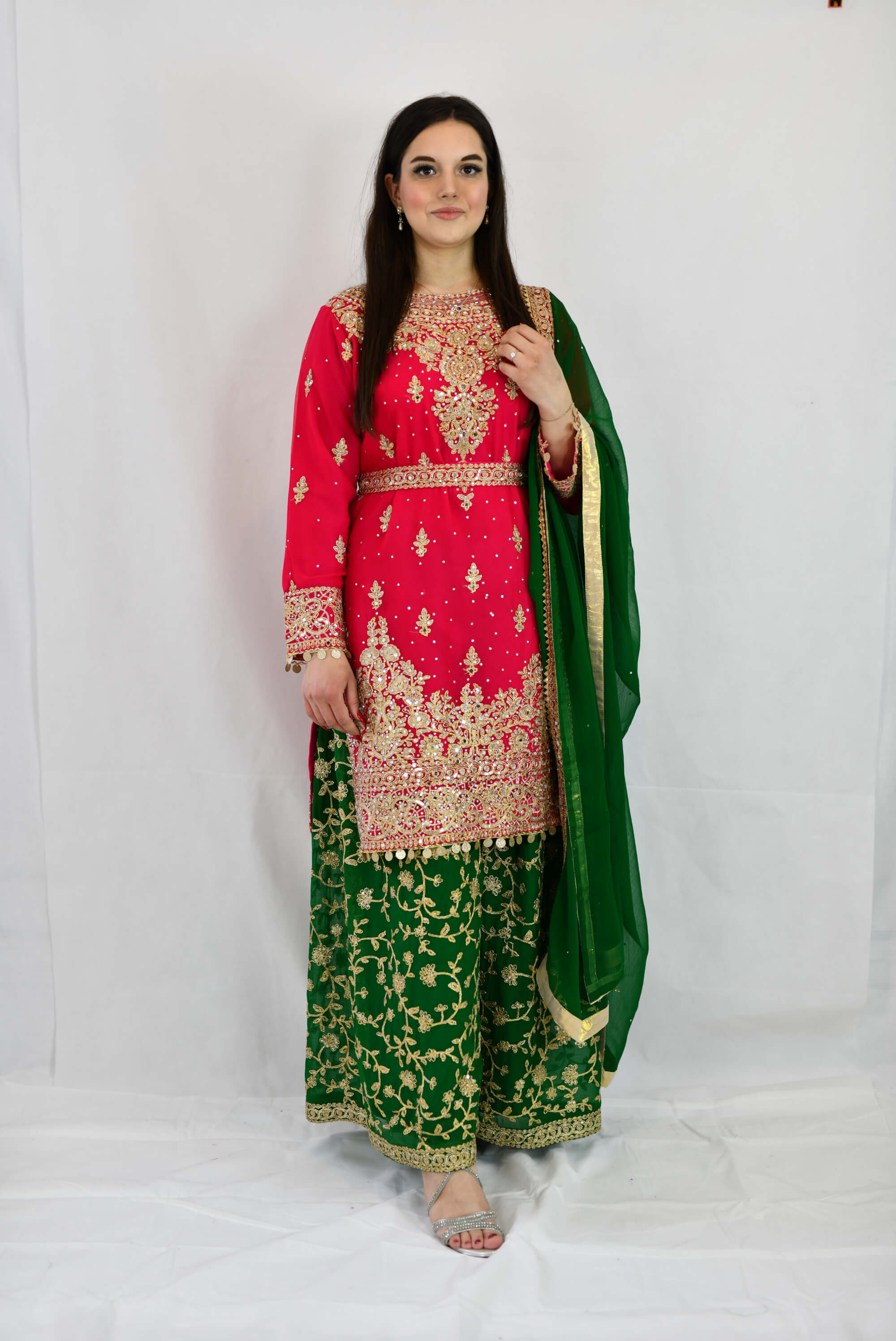Colourful Mehndi suit in contrasting Pink and Green colour 3 Piece – ANRAZ